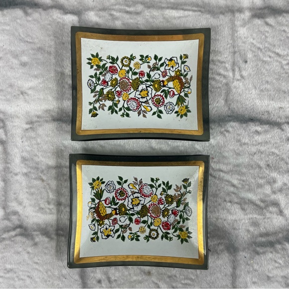 Other | Mcm Pair Of Vintage Glass Trinket Dish Trays Floral Tree Bird ...